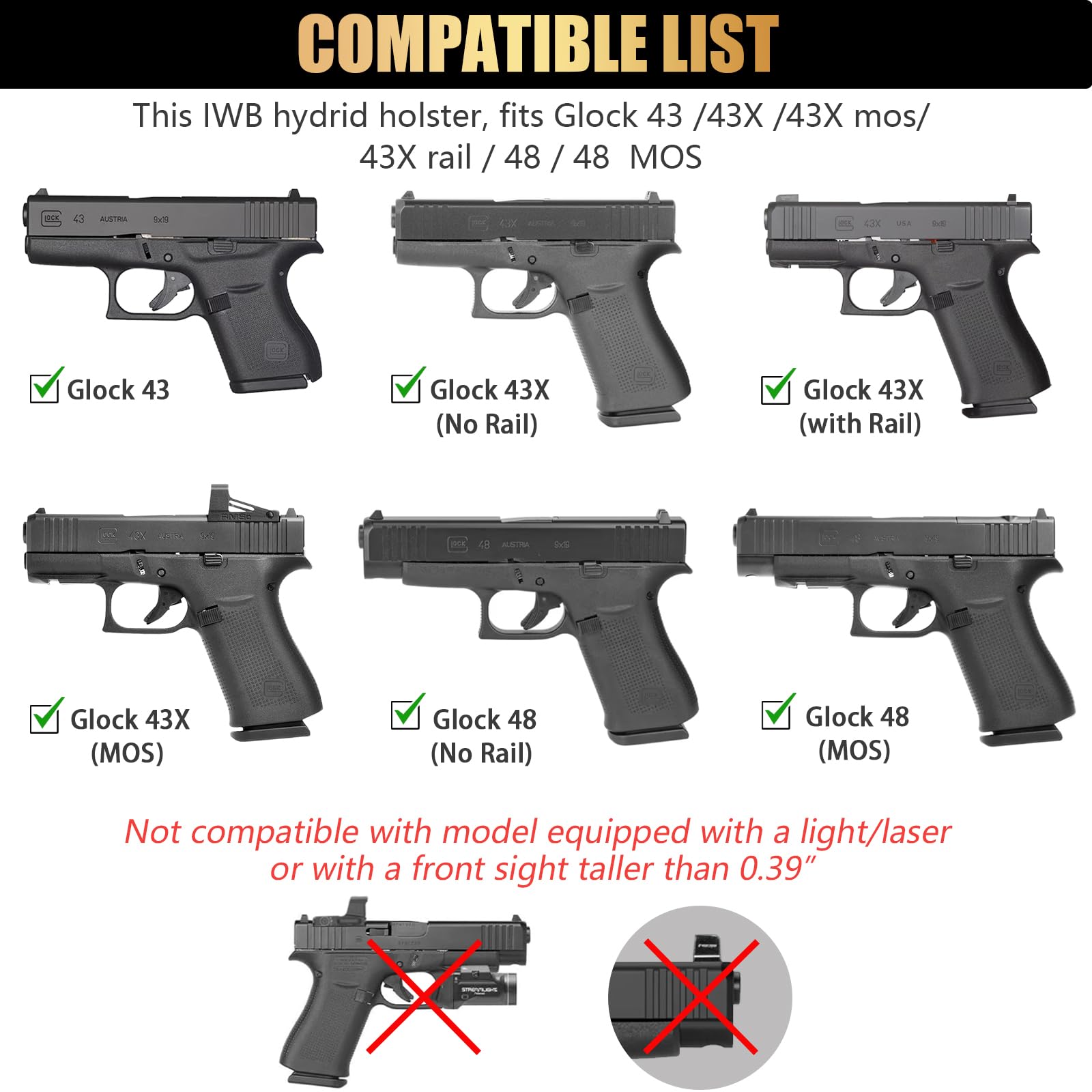 Funda híbrida IWB WARRIORLAND – Compatible con Glock 43X / 43 / 48 MOS ...